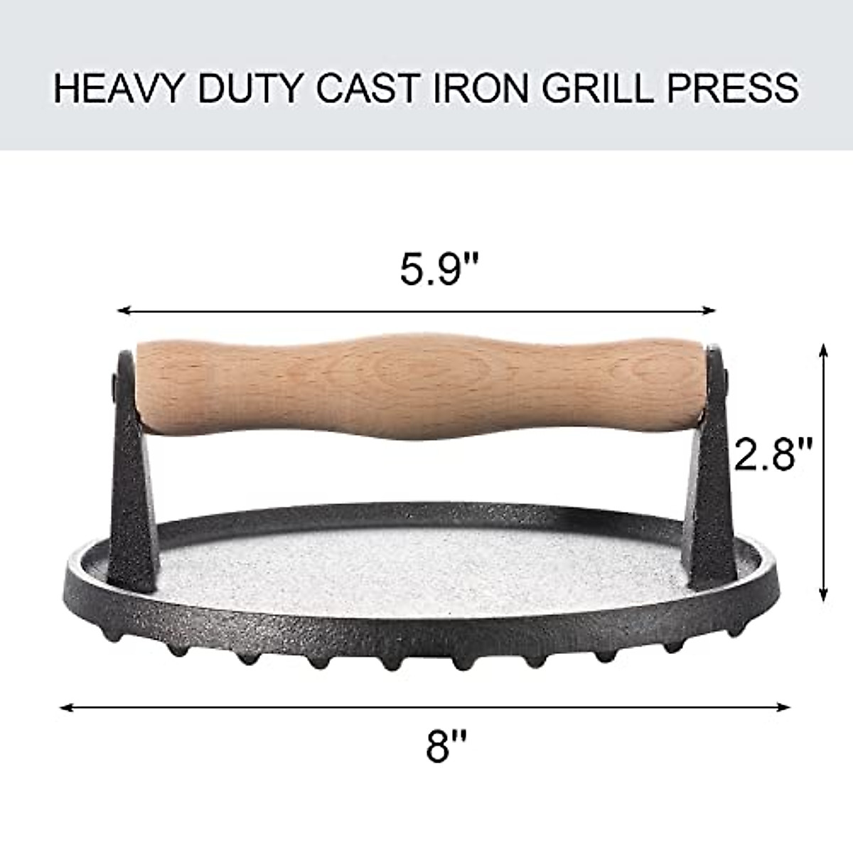 Cast Iron Grill Press, Safe-Touch Comfort-Grip Wood Handle,8 inch,Heavy-Duty Round Bacon Steak and Burger Press for Griddle, Outdoor Grill, Panini, Tortilla