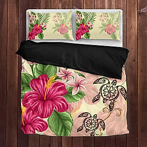 Gearider Pink Tropical Hibiscus Floral Printed Duvet Cover, Mandala Turtle Soft Bedding Set, 3 Pieces, Zipper Closure & 2 Pillow Shams - Size Queen