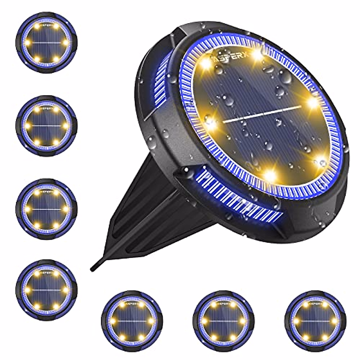 AsperX Solar Ground Lights, 8 Packs, IP65 Waterproof LED In-Ground Lights, Solar Outdoor Patio Lights, Disk Landscape Lights for Pathway, Yard, Garden, Deck, Driveway Lawn (Warm White+Blue)