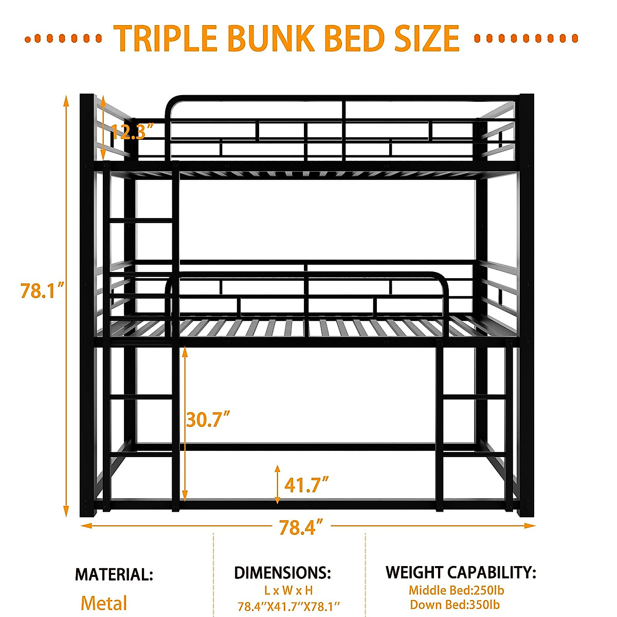 Bunk Beds, Twin Over Twin Over Twin Metal Bunk Bed, Triple Bunk Bed for Kids,Teens, Adults, Girls, Boys, Detachable BunkBed Can Be Divided into 3 Twin Beds,No Box Spring Need (Black)