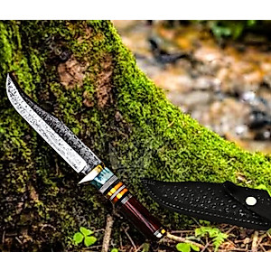 R&S INDUSTRIES CRAFTS LLC Damascus hunting knife | Custom Handmade Damascus steel hunting Bush craft knife| EDC Overall 13" Knife with Genuine Leather sheath | Best Birthday & Anniversary for him