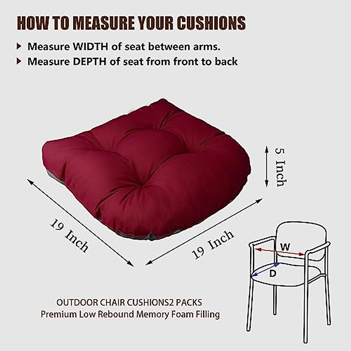 EAIMi Outdoor Chair Cushions - Waterproof Tufted Seat Cushions for Patio Furniture Set of 2 - U Shaped Memory Foam Overstuffed Patio Cushions for Wicker Chair with Round Corner 19"x19"x5", Burgundy