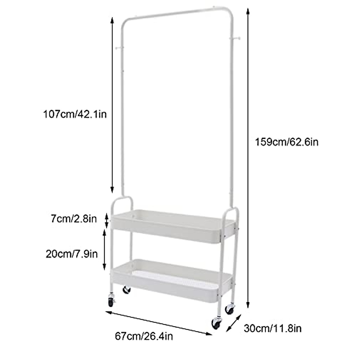 Free-Standing Rolling Garment Rack with 2 Tier Metal Basket, Rolling Storage Cart Clothes Hanging Organizer Coat Rack Storage Stand for Bedroom Laundry Small Place 26.4 x 11.8 x 62.6in