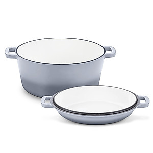 TeamFar 5 Quart Enameled Cast Iron Dutch Oven, 2-In-1 Dutch Oven Pot Cookware with Skillet Lid for Bread Baking Braising Stewing Roasting, Sturdy & Nonstick, Oven Safe & Fit for Induction (Grey)