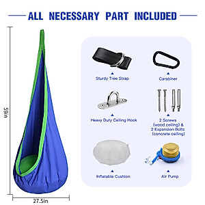 Grassman Pod Swing for Kids, Sensory Swing Indoor, Hanging Hammock Chair with Inflatable Pillow Hardware Kits Air Pump, Hanging Swing Chair for Bedroom Easy to Install, for Indoor Outdoor Use Blue