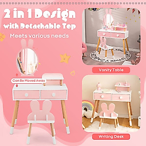 HONEY JOY Kids Vanity, Rabbit Themed Toddler Wooden Makeup Table and Chair Set w/2 Large Drawers, Beech Wood Legs, Princess Dressing Beauty Table, Girls Vanity Set with Mirror and Stool (Pink)