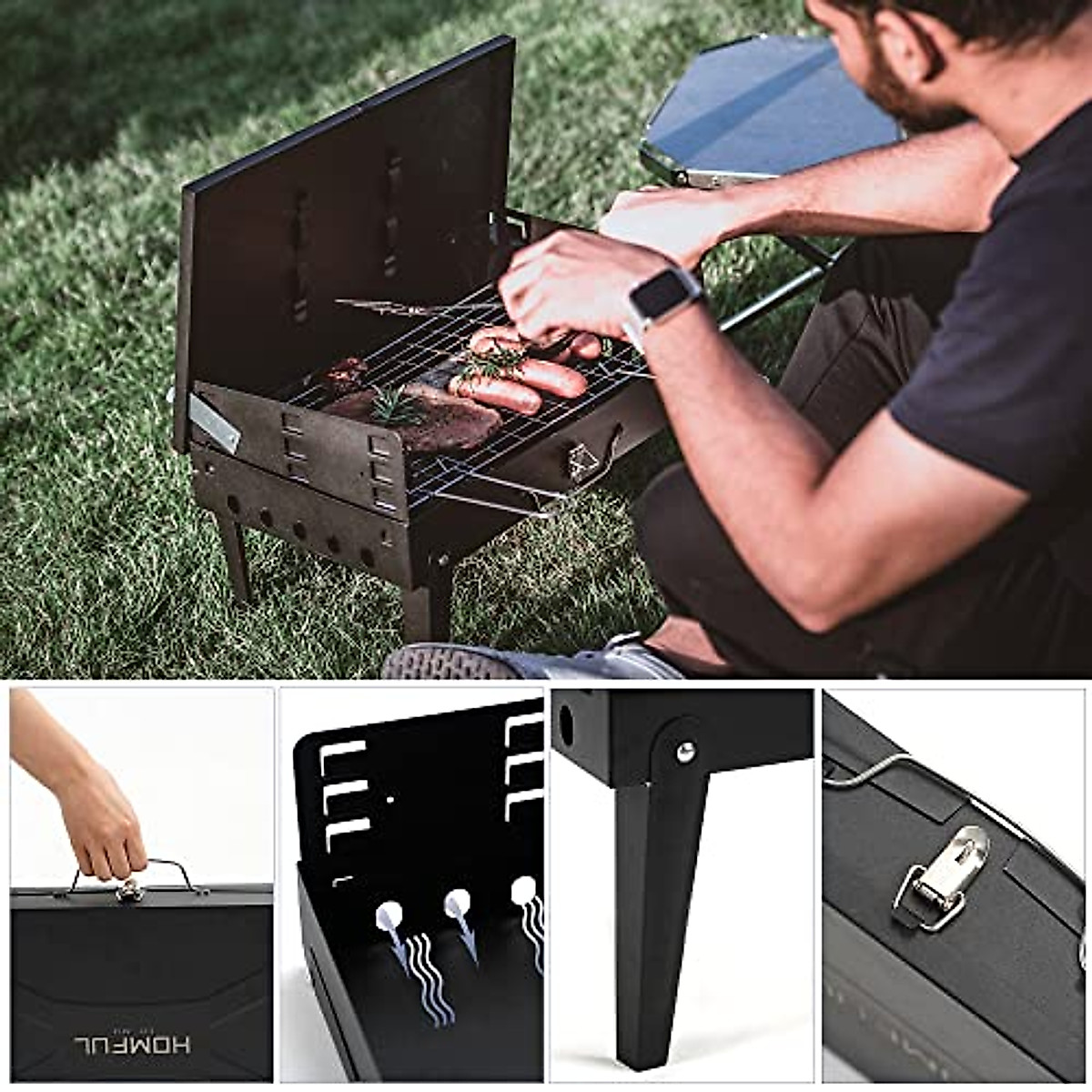 HOMFUL Charcoal Grills Portable Camping Grill Folding BBQ with 8 Pcs Barbecue Accessories with Lid 3-level Height Adjustment for 3 to 5 people for Outdoor Hiking Party Park Beach, Black