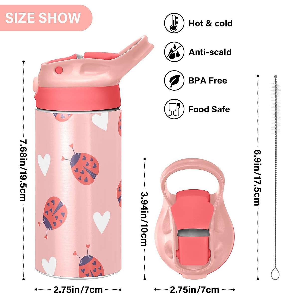ALAZA Ladybug White Hearts Kids Water Bottles with Lids Straw Insulated Stainless Steel Water Bottles Double Walled Leakproof Tumbler Travel Cup for Girls Boys Toddlers 12 oz,Pink