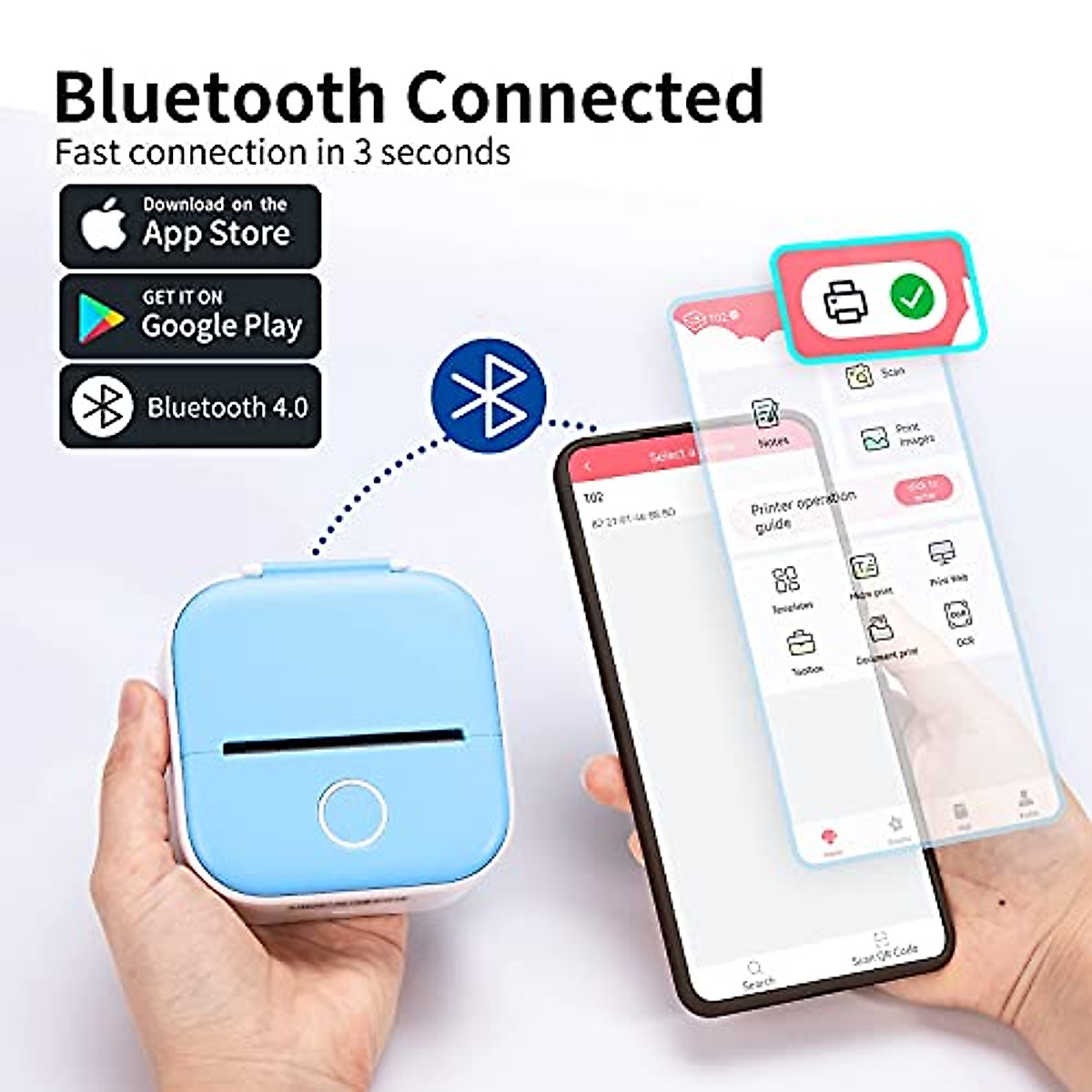 Mini Pocket Sticker Printer-Bluetooth Pocket Thermal Printer-Portable Smart Photo Printer for iPhone, Compatible with iOS&Android, T02 Receipt Mobile Sticker Printer for Journal, Notes, Memo, Photo