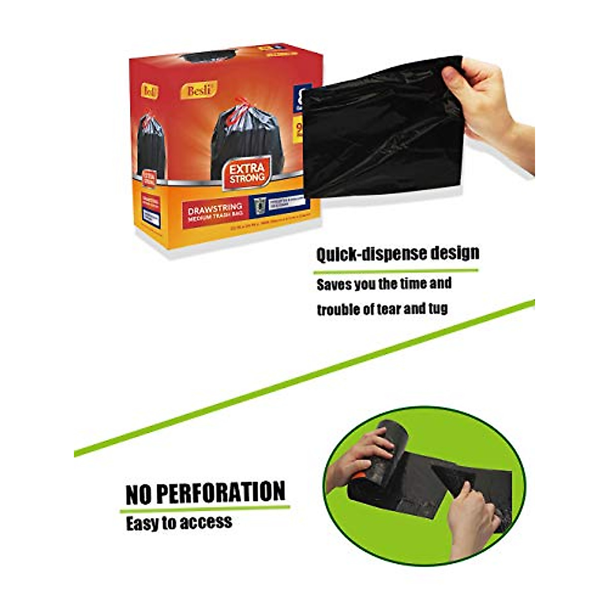 Besli 8 Gallon Black Drawstring Trash Bag Garbage Bag Trash Can Liner,0.9 Mil,90 Counts