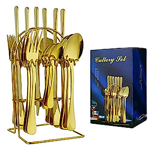 Silverware Set 24 Piece Gold Silverware Flatware Cutlery Set With Stand Include Knife Fork Spoon,Hanging Stainless Steel Utensils Set Service for 6,Dishwasher Safe (gold)