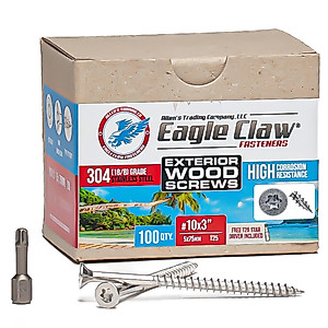 #10 x 3 Inch Stainless Steel Deck Screws 100 Pieces | T25 Star Torx Drive Stainless Steel Wood Screws | Driver Included | Allen's Trading Co. Eagle Claw Fasteners