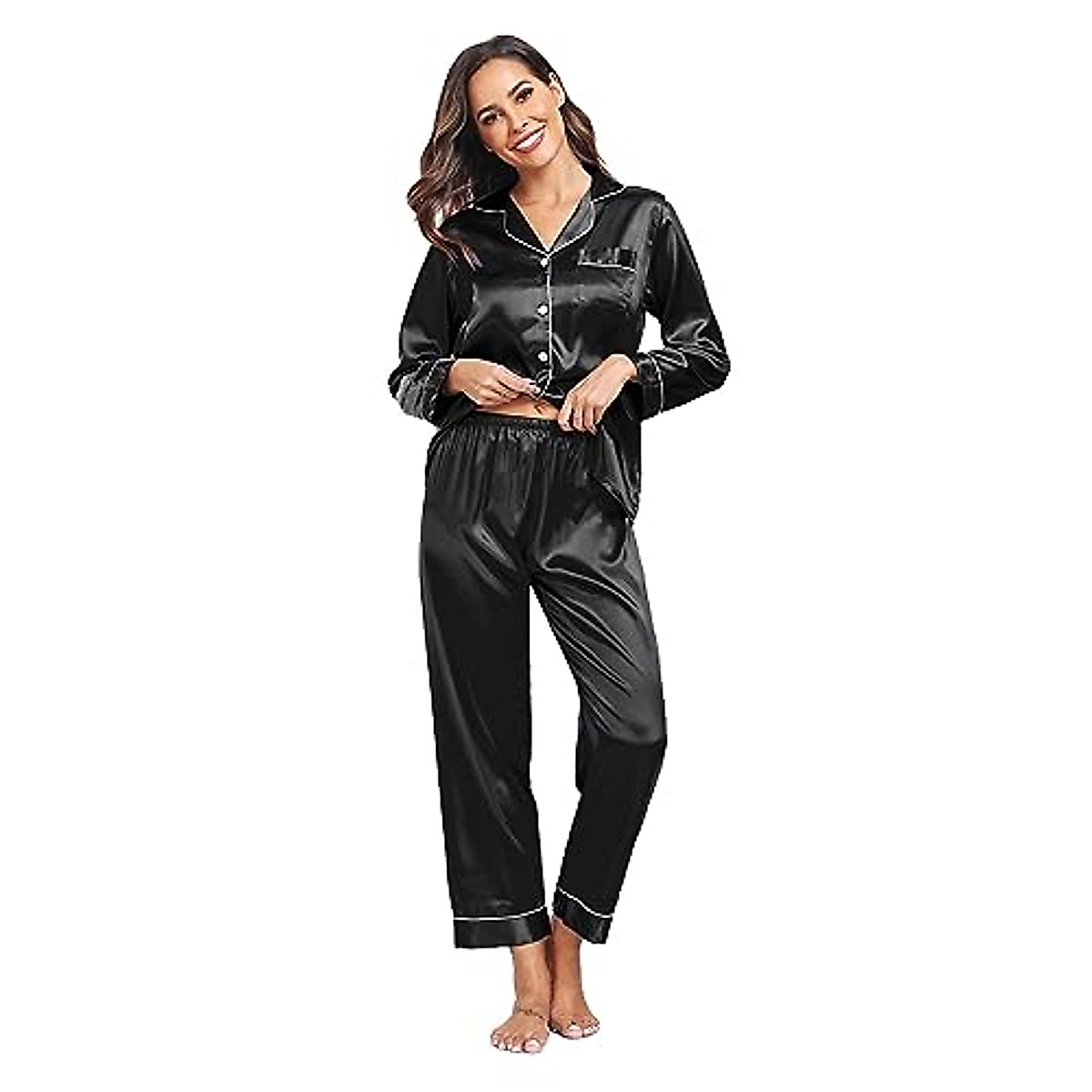 Super Shopping-zone Women's Soft Long Satin Pajama Set Long Sleeve Pjs Set Sleepwear Silk Loungewear Black