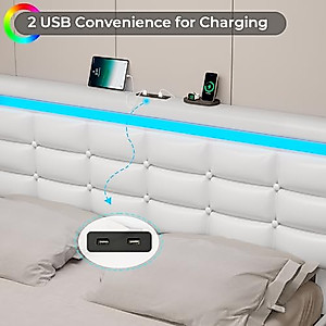 BTHFST Queen LED Bed Frame with Headboard, Faux Leather Platform Bed Frame with 2 USB Charging Station & Storage Drawers, No Squeak, White