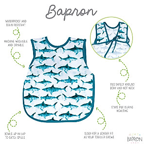 BapronBaby Shark Attack Bapron - No Neck Tie Safer Bib for Baby & Toddler - Soft Waterproof Stain Resistant - Machine Washable - Sz Baby/Toddler 6m-3T