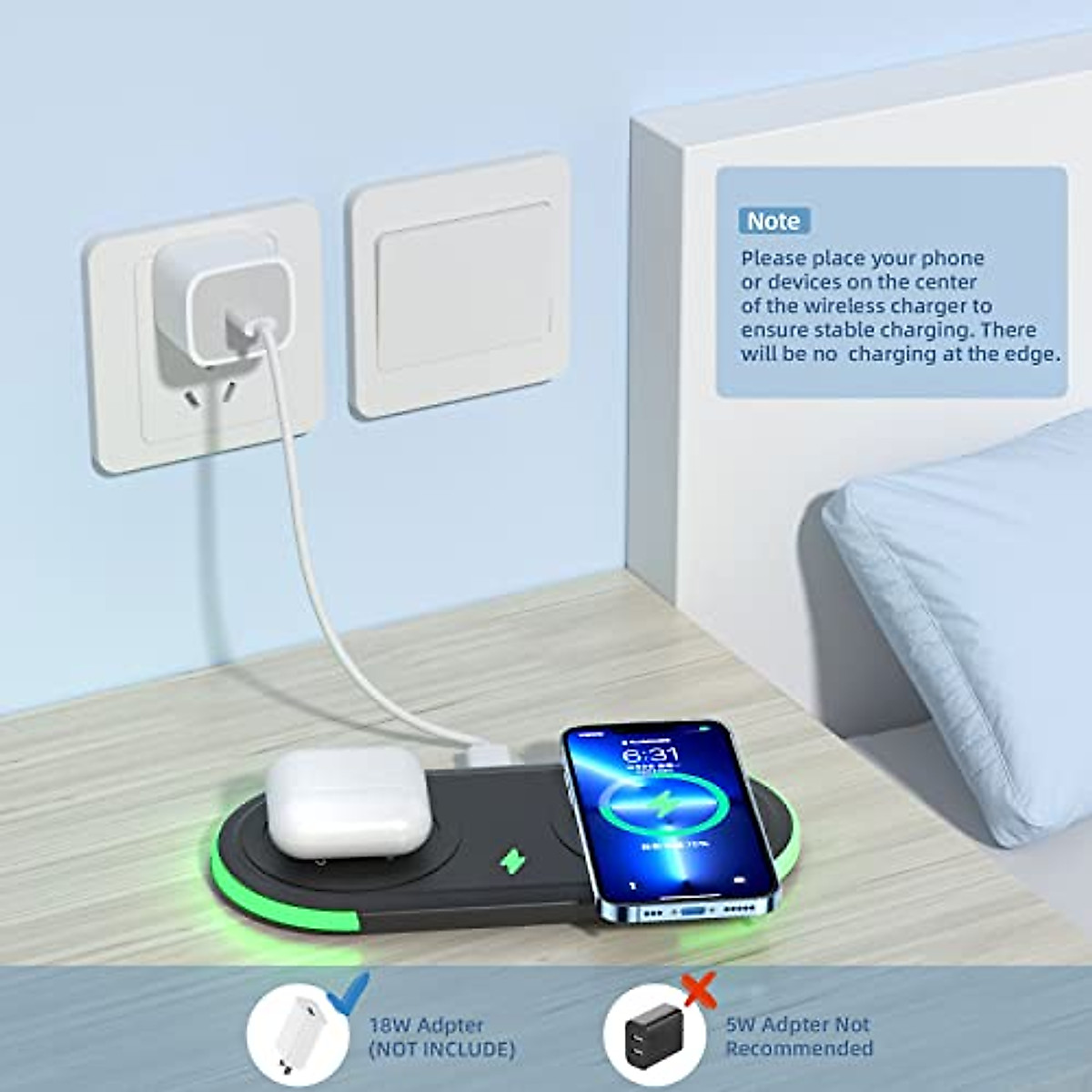 Dual Wireless Charger Pad, Dual 15W Max Fast Charging Wireless Charging Pad for All Wireless-Charging-Enable Phones Galaxy iPhone AirPods 2-in-1 Type C Cable Included (No AC Adapter)