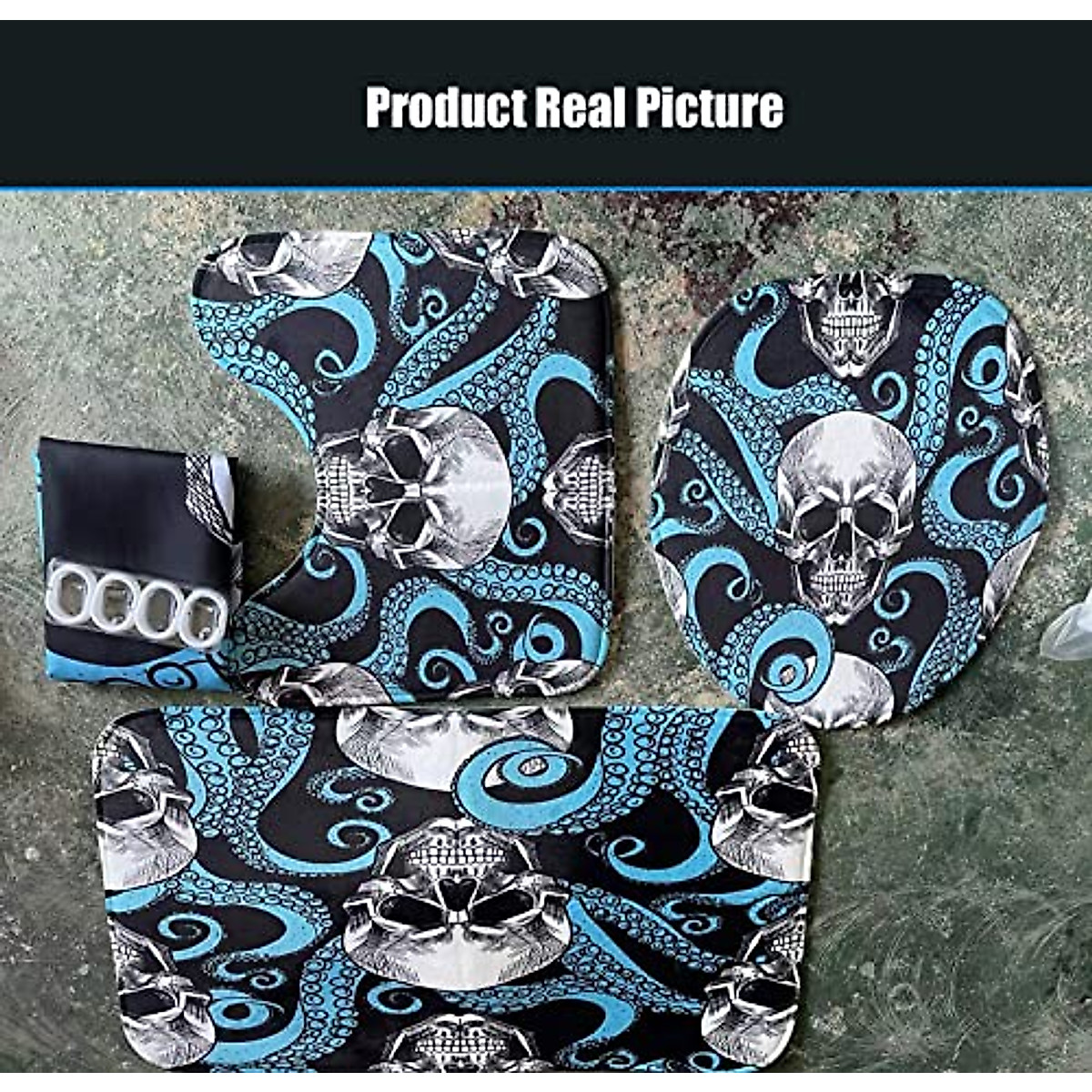 LXHG 4 Pcs Skull Pattern Shower Curtain Set with Bath Rugs and Mat, Toilet Lid Cover, 12 Hooks, Bathroom Sets with Shower Curtain and Rugs,Blue