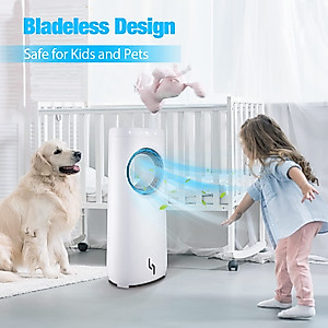 Evaporative Air Cooler - Trustech Portable Air Cooler, Cool & Humidifying with 3 Speeds, 12H Timer Evaporative Cooler, Bladeless Fan Ice Boxes Contained, Remote Control Tower Fan for Large Room Office