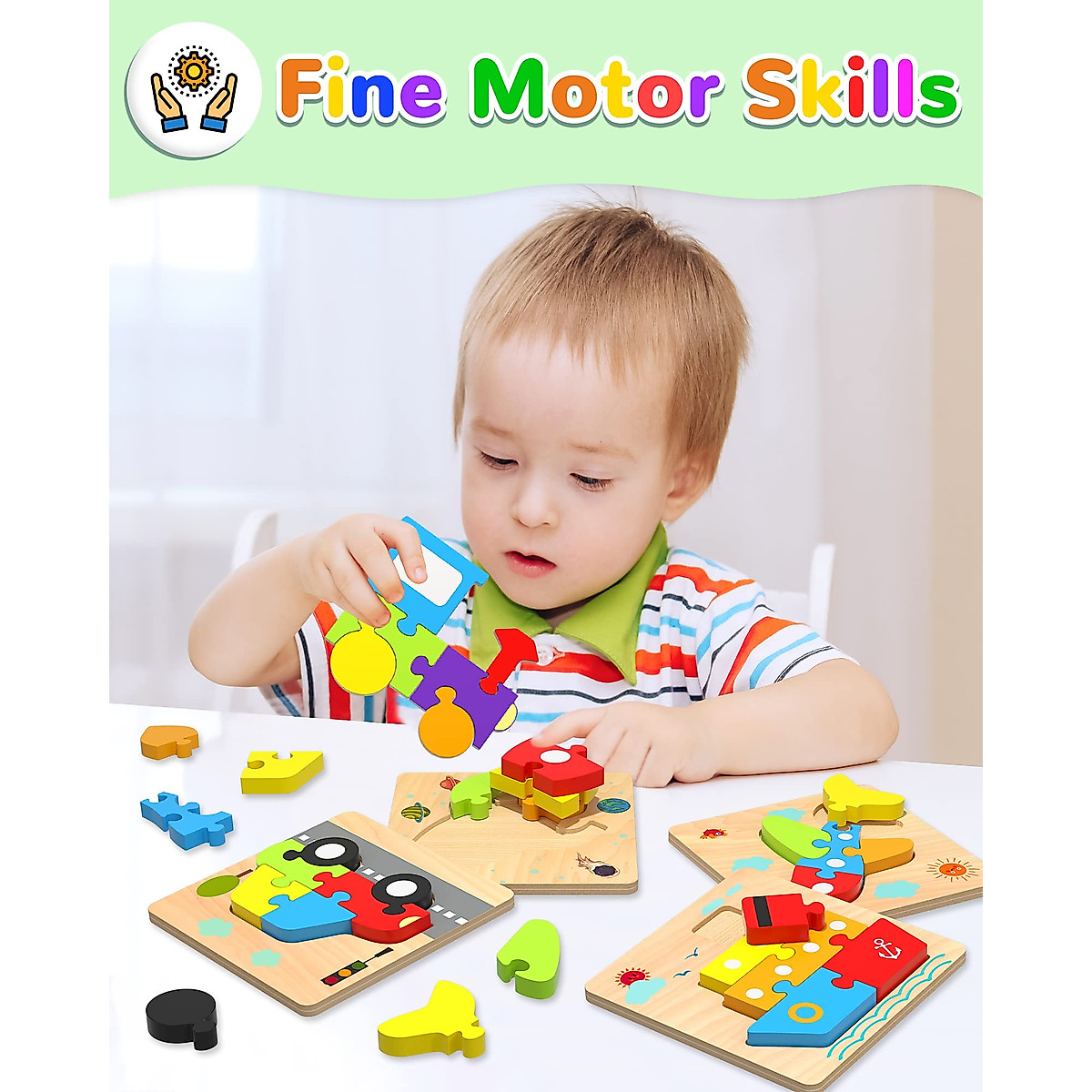 Yetonamr Wooden Toddler Puzzles Gifts Toys for 1 2 3 Years Old Boys Girls, 6 Vehicle Shape Montessori Toys Educational Blocks Kids Toys Gift Baby Learning Toy Age 1-3, 2-4