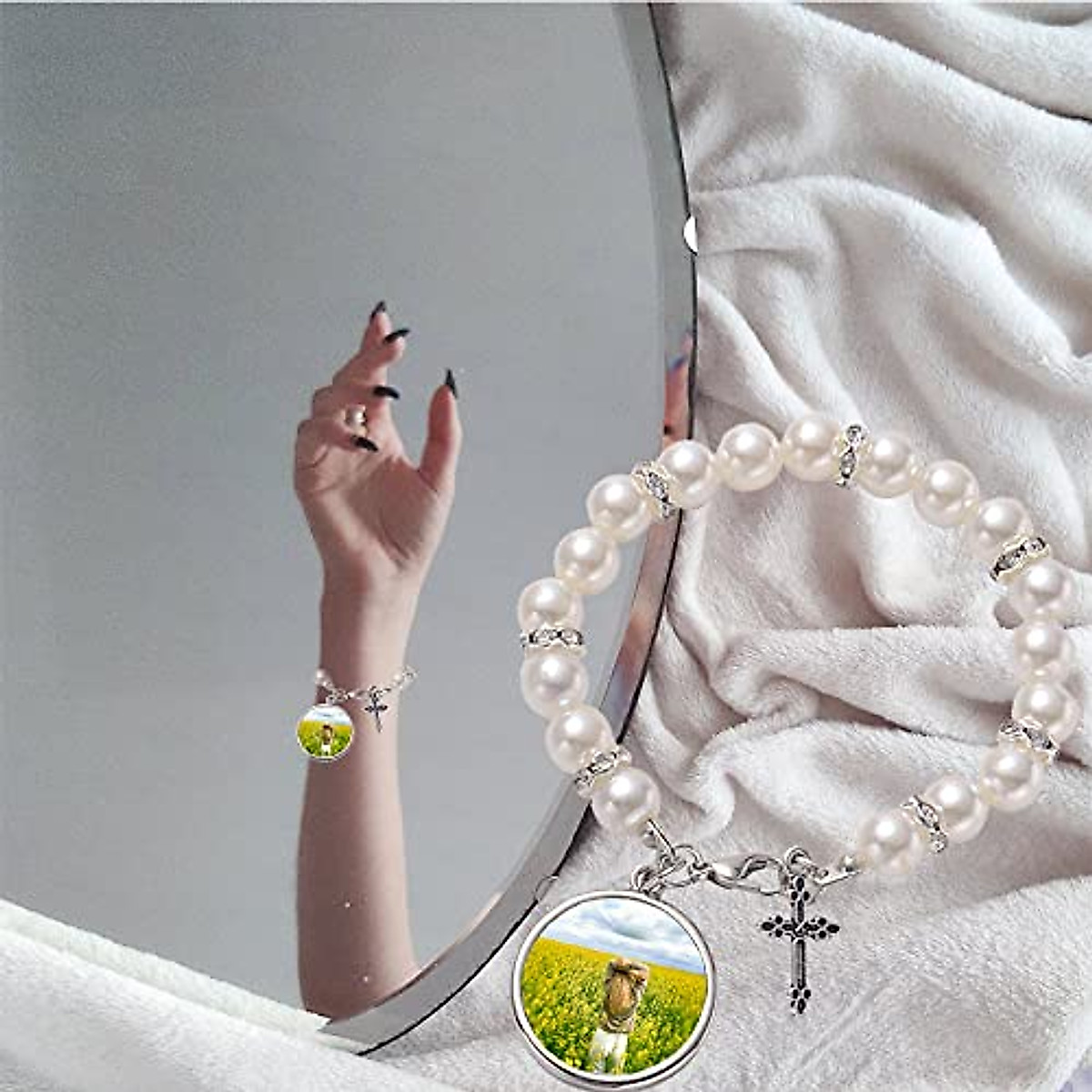 Custom Christian Charm Bracelets for Women Faith-Personalized Bracelets for Women with Picture-Engraved Cross Bracelet for Women Beaded Grandma Mother Daughter Easter Adjustable (White)