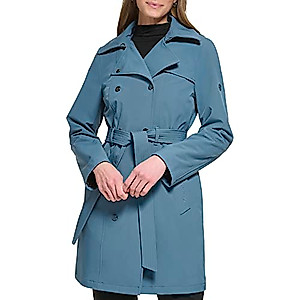 Calvin Klein Women's Double Breasted Belted Rain Jacket With Removable Hood, Oasis Teal, X-Large