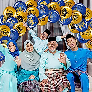 40 Pieces Ramadan Mubarak Balloons Eid Mubarak Party Decoration Happy Eid al-Fitr Theme Latex Balloons Set for Home Event Indoor Outdoor Ramadan Kareem Decor Supplies, 12 Inches (Blue and Gold)