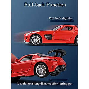 iLooboo Alloy Collectible Red Benz SLS AMG Toy Vehicle Pull Back Die-Cast Car Model with Lights and Sound