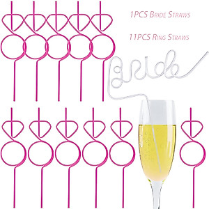 CHSLtmxq 12pcs Reusable Bachelorette Party Decoration Straws, Includes 1 White Large Bride Straw,11 Pink Diamond Ring Straws, Bride party Favors Bridal Shower Wedding Engagement 12.6‘’ With 2 Brushes