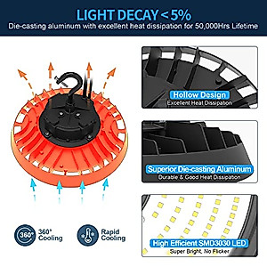 AKK 200W LED High Bay Light 180W 150W Tunable, 3 Color Switchable 30000LM UFO LED High Bay Light(Eqv. 900W MH/HPS), 1-10V Dimmable High Bay LED Lights, US Plug 5' Cable, 100-277V for Factory Warehouse