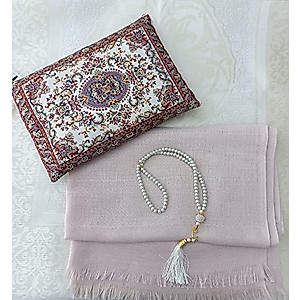 Prayer Rug with Scarf and 99 Beads,Floral Pouch,Travel Prayer Rug, Prayer Rug Gift Set,Taffeta Prayer Rug,5 It’s a Lovely Gift for Birthday, Ramadan, Gift for Eid. Muslim Gift (Cream Scarf Set)