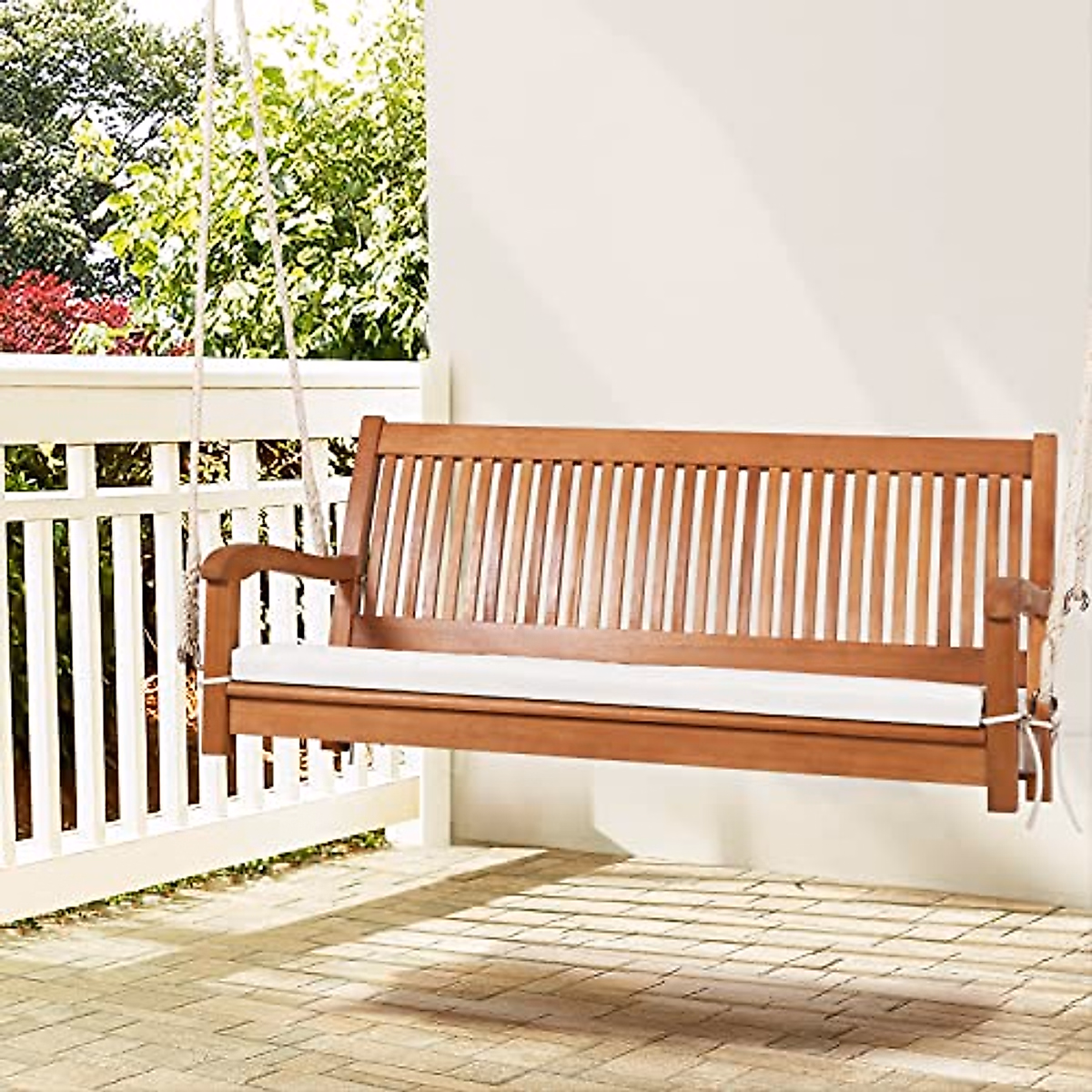 Happygrill Hanging Porch Swing 2-Seat Wooden Swing Bench with Cushion and Hanging Ropes, Outdoor Patio Swing for Garden and Backyard
