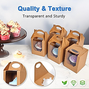 Shallive Cupcake Boxes 50pcs, Individual Cupcake Containers Brown with Window Insert and Handle, Pastry Box Single Muffins Holder Disposable for Bakery Wrapping Party Favor Packaging