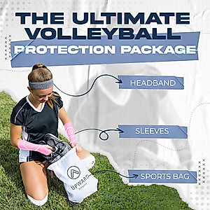 Upward Fitness - Volleyball Arm Sleeves with Passing Protection Forearm Pads and Comfortable Thumbhole Design- Includes Bag and Headband - Perfect For Girls and Boys (M/L Pink)