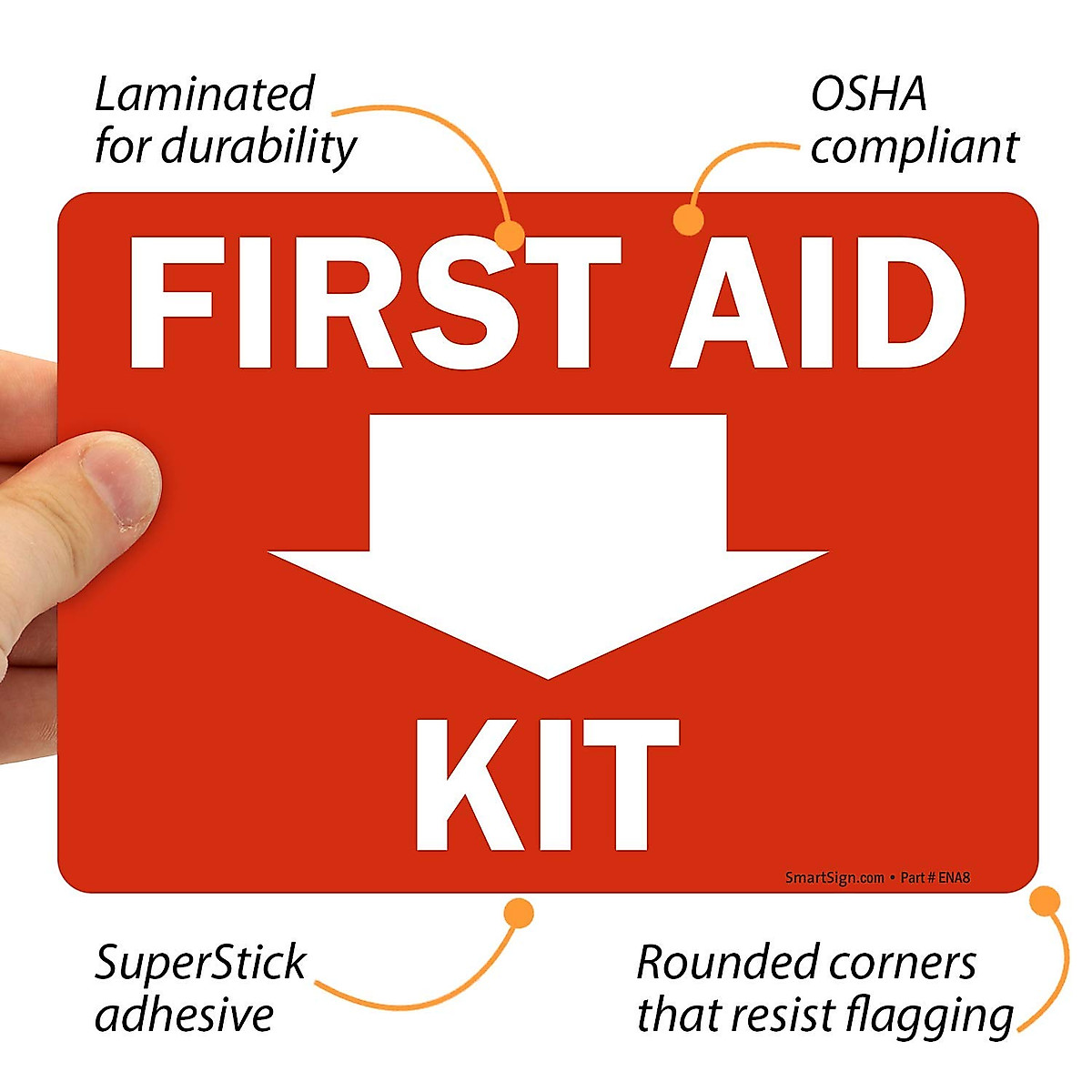 SmartSign (Pack of 4) 5 x7 inch “First Aid Kit” Sticker Labels with Down Arrow, 5 mil Laminated Polyester with SuperStick Adhesive, Red and White