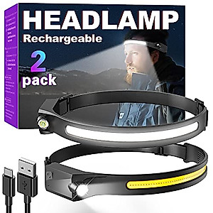 Rechargeable Headlamp【2 Pack】, Rechargeable Head Lamp LED Super Bright HeadLamps for Adults 230° Wide Beam Camping Head Light for Head USB Charging for Camping Accessories, Hardhat Light, Repairing