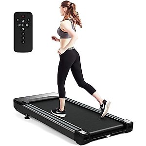 GYMAX Under Desk Walk Treadmill, Easy Assembly Flat Treadmill with LED Display, Touch Control, Independent Remote Controller, Electric Walking & Jogging Machine with 3 Preset Models & 12 Built-in Prog