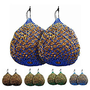 Majestic Ally 2 Pcs 1.25”x1.25” Holes Ultra Slow Feed 36” Very Sturdy Hay Net with Bottom Ring for Horses, Goat, Travel Feeder for Trailer and Stall, Reduces Waste (Royal Blue)