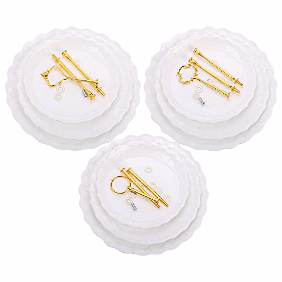 Tosnail 3 Pack 3 Tiers White Plastic Cupcake Stand Dessert Stand Tiered Serving Trays with 3 Styles Gold Rod, Party Serving Trays Fruit Pastry Holders for Wedding and Party - Heart and Flower Embossed