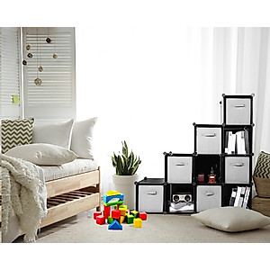 Roshtia 12 Cube Storage Organizer and 12 Collapsible Fabric Storage Cube Bins, Closet Organizer and Storage Shelf DIY Plastic Modular Bookcase Bookshelf Bedroom Garment Racks Home Office, Black, Gray