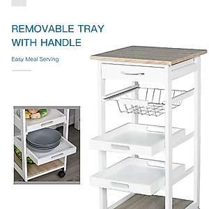 HOMCOM Mobile Kitchen Cart, Rolling Kitchen Island with Storage, Solid Wood Frame Utility Cart with Wire Fruit Baskets, Trays and Drawer, White