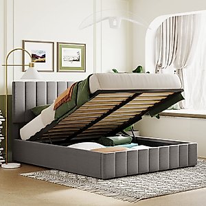 Merax Upholstered Queen beds Gas Lift Up Storage Platform Bed Frame with Tufted Headboard Wooden Slat Support and Under Storage,Grey