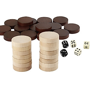 Amerous Wooden Checkers Pieces Nature Wood Backgammon Pieces with Drawstring Bag, 5 Dices Included