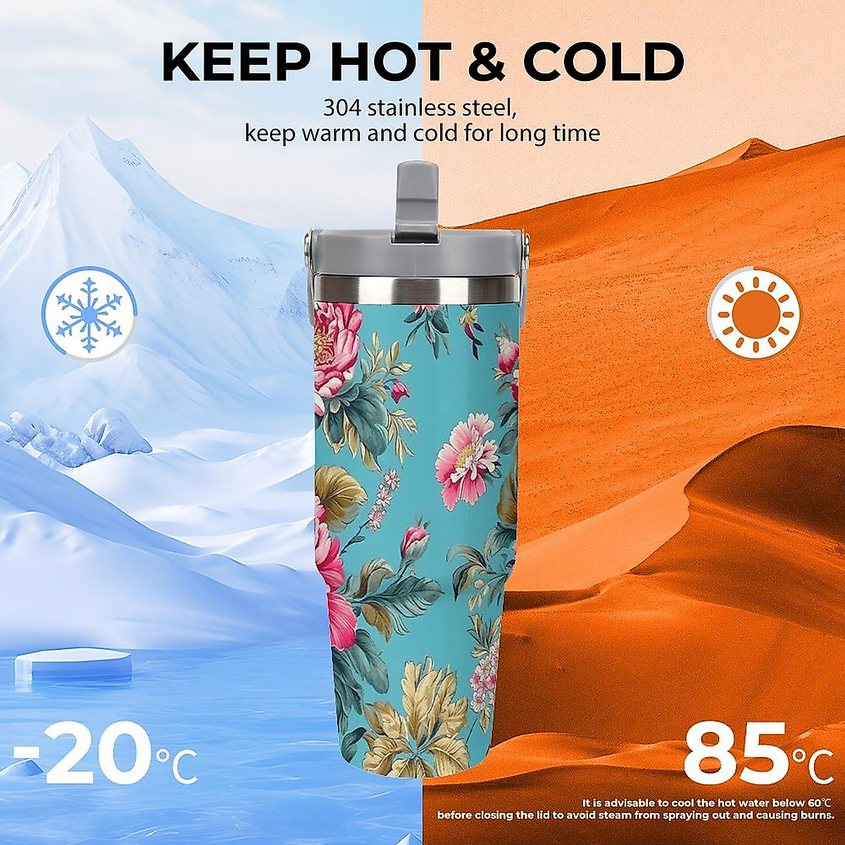 30 Oz Tumbler with Foldable Handle And Flip Straw,Light Blue And Dark Vacuum Insulated Travel Coffee Tumblers,Stainless Steel Leak-Proof Water Bottle,Fits in Cup Holder,Keep Cold 24H & Hot 12H