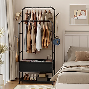 Furologee Double Rods Clothing Garment Rack with Storage Box,Clothing Rack for Hanging Clothes with 4 Side Hooks,Metal Frame Wardrobe Clothes Organizer for Bedroom,Living Room,Black