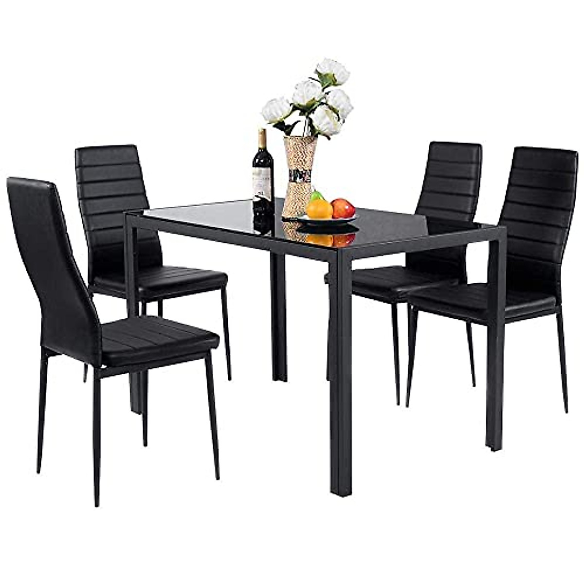5-Piece Dining Table Set with 4 Faux Leather Chairs, Tempered Glass Tabletop Size 47.25" x 27.5", Black