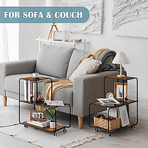 Luplom Side Table Set of 2, Couch End Tables for Small Spaces Narrow Bedside Table Chair Side Table with Wheels and Storage Dark Brown Night Stand for Bedroom Living Room, Rustic Brown