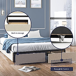 ijuicy Cal King Bed Frame with Storage Drawers.Upholstered Platform Bed Without Headboard,Wood Slat Support,Footboard with Drawer.No Box Spring Needed/Easy Assembly(Cal King,Beige)