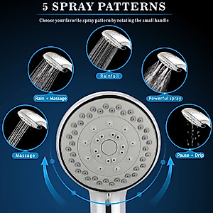 Nuodan Dual Shower Head, 10'' High Pressure Rain Shower Head / 5 Spray Handheld Showerhead Combo with 14'' Adjustable Shower Extension Arm, Hose and Adhesive Shower Holder (Chrome)