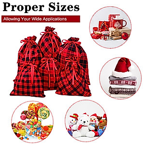 Aneco 6 Pack Buffalo Plaid Drawstring Christmas Gift Bags Christmas Sack for Gifts Cotton Cloth Red and Black Plaid Christmas Fabric Bags Assorted Sizes for Party Favors