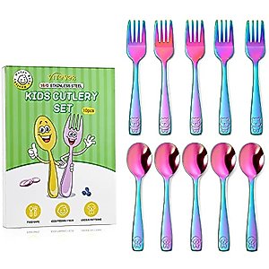 10 Pack Toddler Utensils, Stainless Steel Rainbow Silverware Set for Kids, Children Safe Cutlery Set Includes Forks and Spoons - Dishwasher Safe